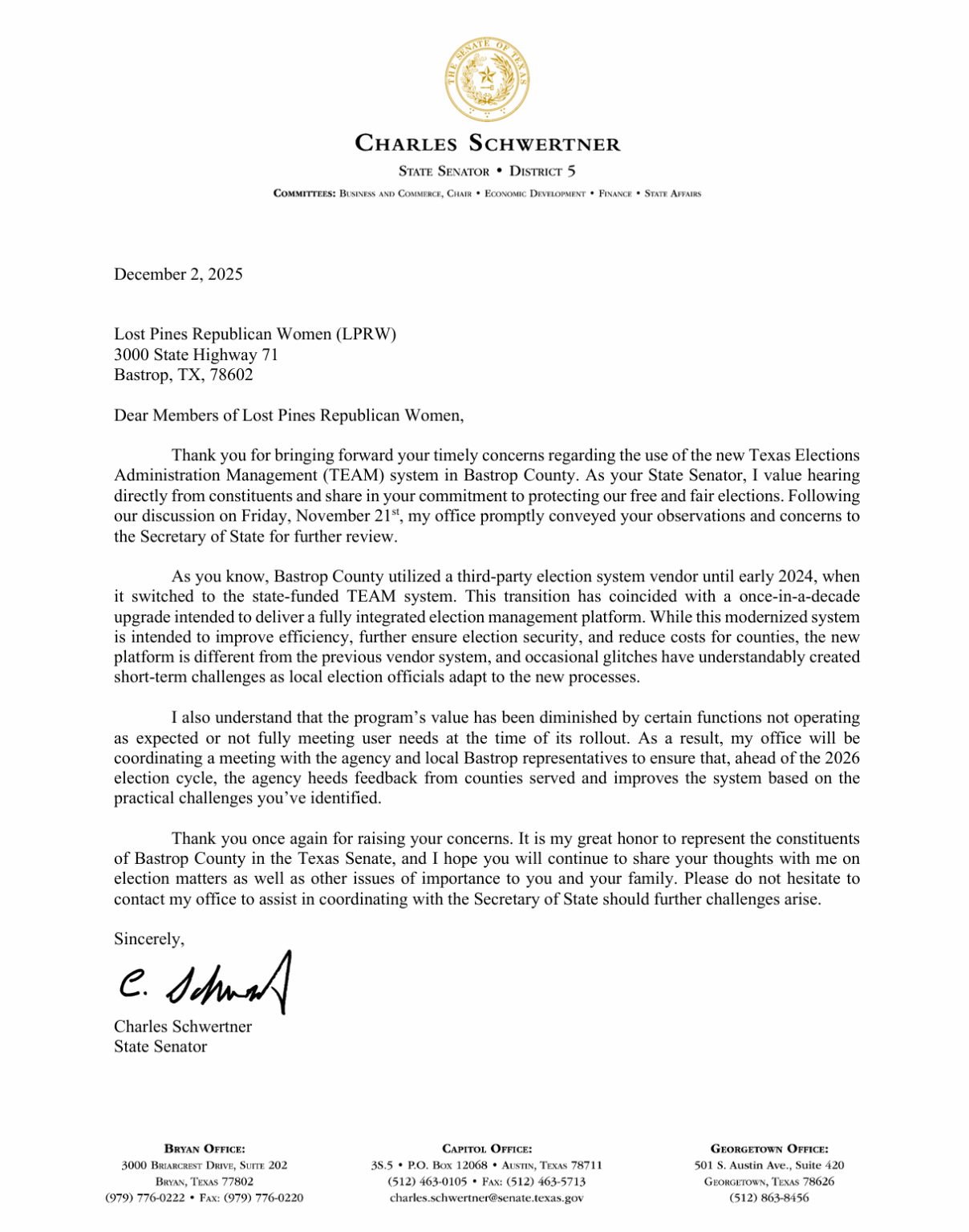 Senator Schwertner Responds | Lost Pines Republican Women